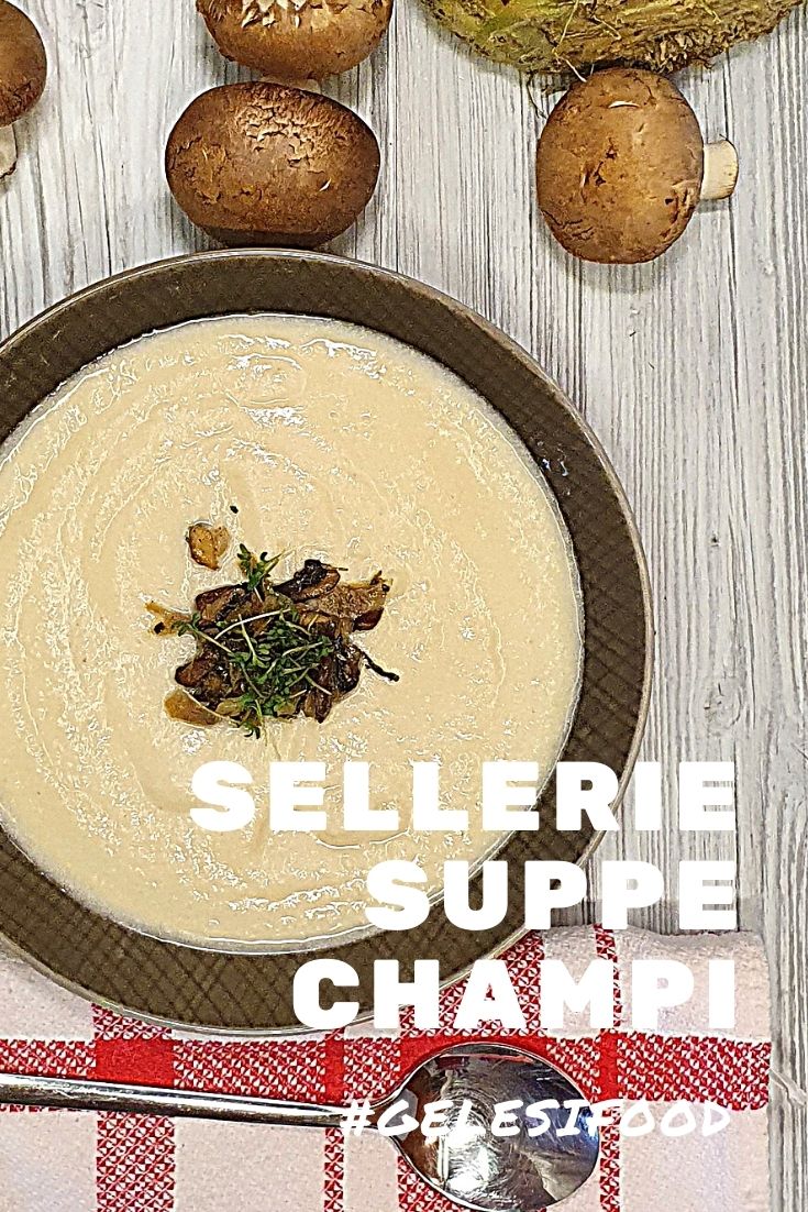 Selleriesuppe mit herzhaft saurem Topping aus Pilzen & Petersilie